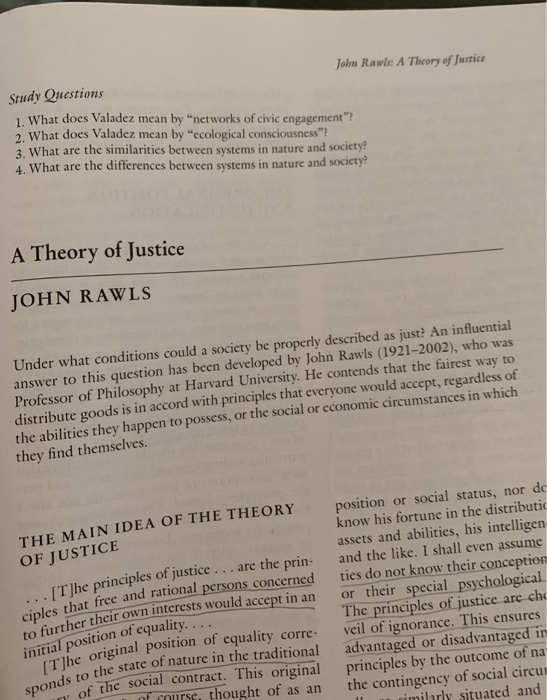 John Rawls A Theory of Justice Study Questions 1. | Chegg.com