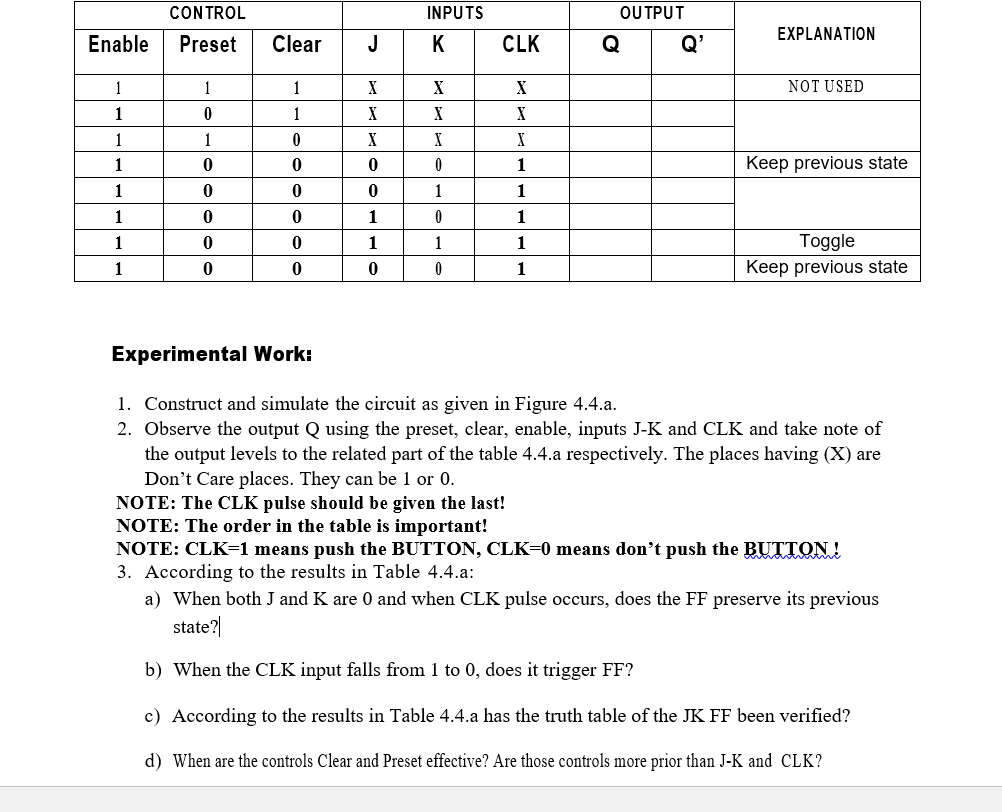 Solved CONTROL INPUTS OUTPUT EXPLANATION Enable Preset Clear | Chegg.com