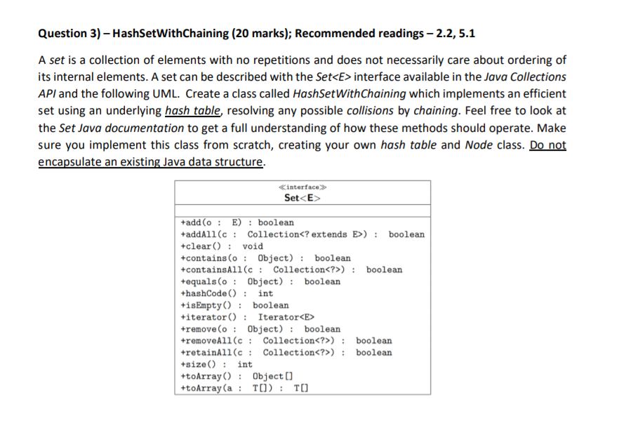 Solved Question 3) – HashSetWithChaining (20 marks); | Chegg.com