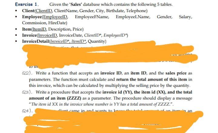 1 Exercise 1. Given the Sales' database which | Chegg.com