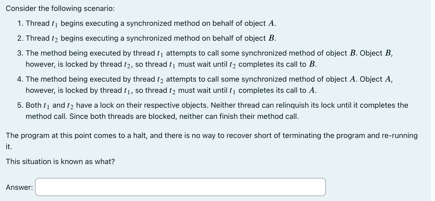 Solved Consider the following scenario: 1. Thread t1 begins | Chegg.com