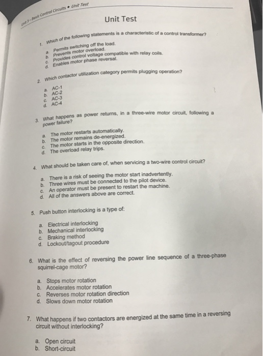 Solved of Motor Control. Unit Test aasic Principles Unit | Chegg.com