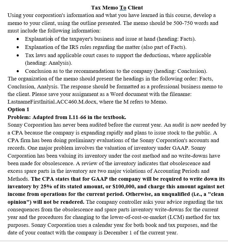 Solved • Tax Memo To Client Using your corporation's | Chegg.com