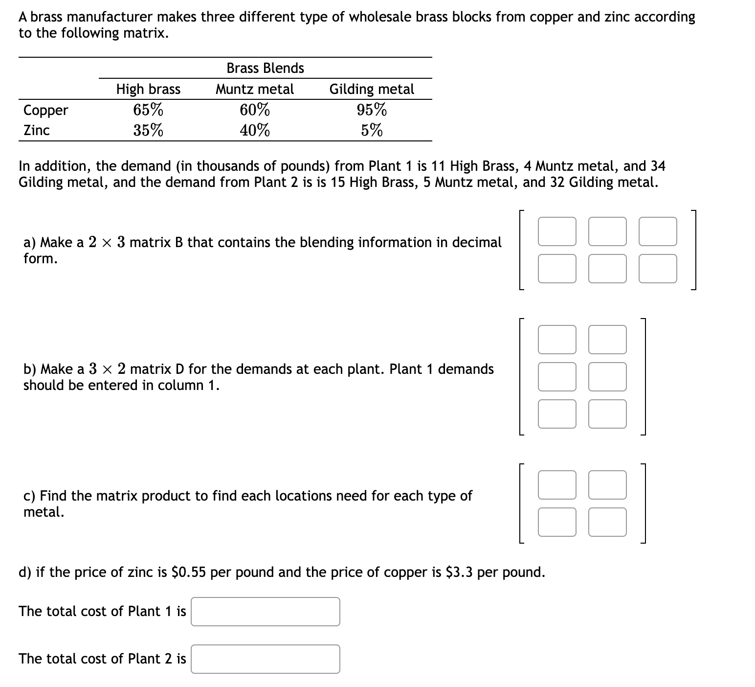 Solved A brass manufacturer makes three different type of | Chegg.com