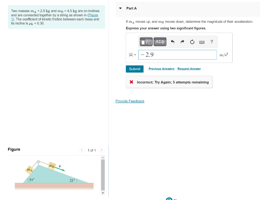 Solved Two masses mA=2.5 kg and mB=4.5 kg are on inclines | Chegg.com