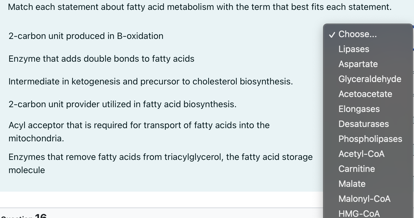 Solved Match each statement about fatty acid metabolism with | Chegg.com