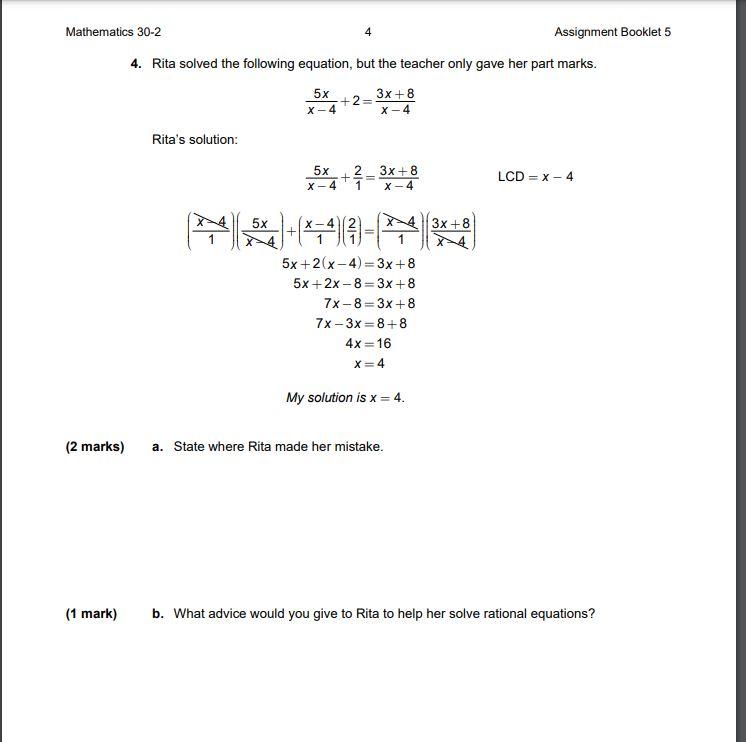Solved Mathematics 30-2 Assignment Booklet 5 4. Rita solved | Chegg.com Solved Mathematics 30-2 Assignment Booklet 5 4. Rita solved | Chegg.com