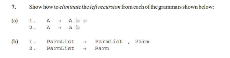 Solved 7. Show how to eliminate the left recursion from each | Chegg.com