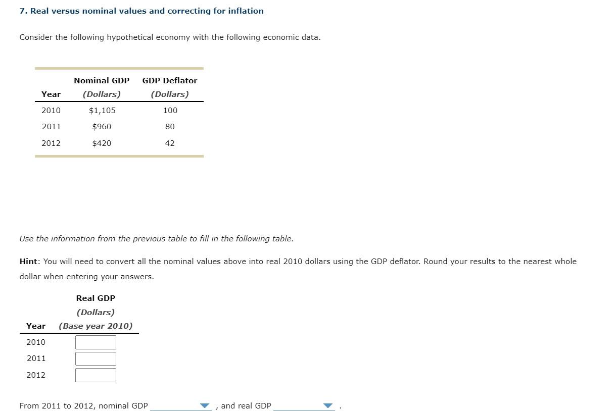 Solved 7. Real versus nominal values and correcting for | Chegg.com