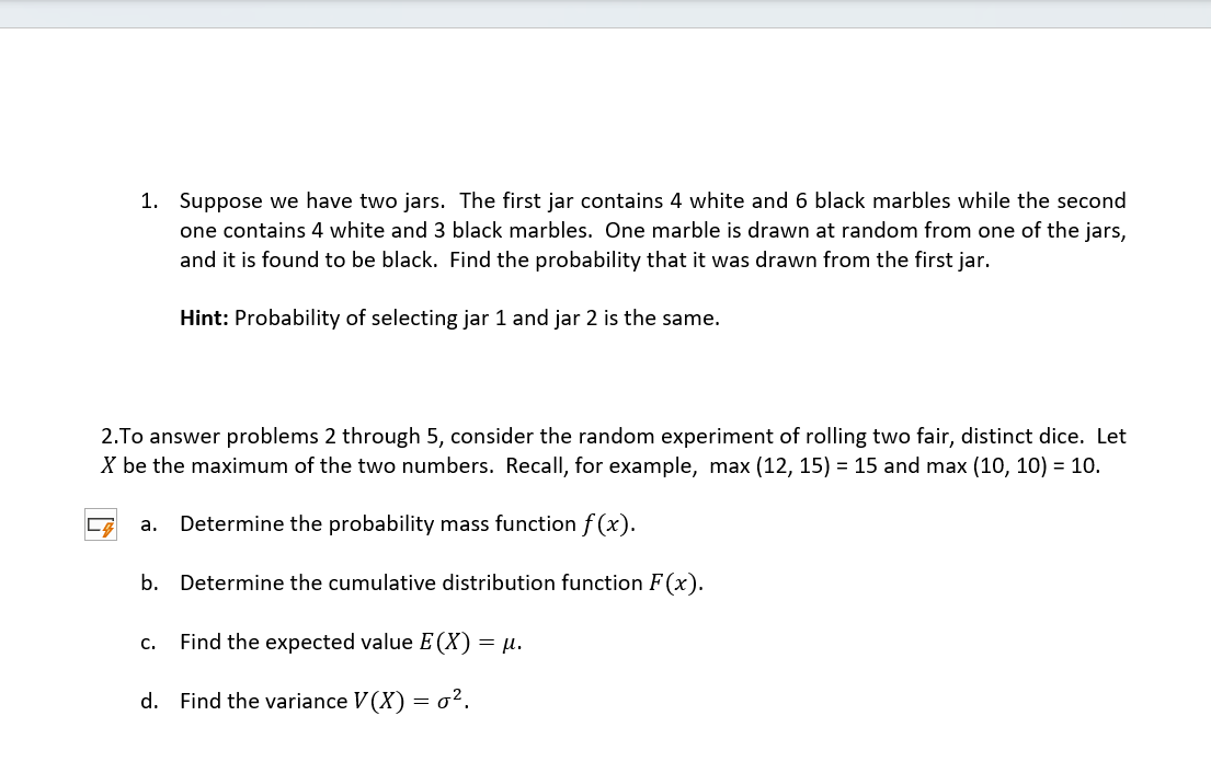 Solved 1. Suppose we have two jars. The first jar contains 4 | Chegg.com