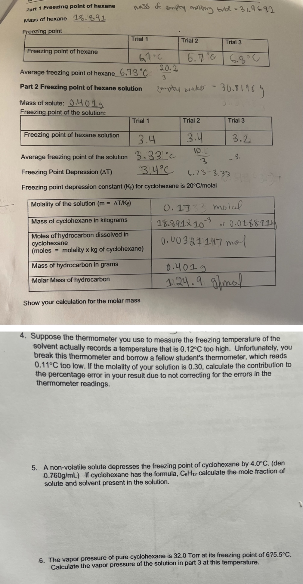 Solved sart 1 ﻿Freezing point of hexane hass of empty | Chegg.com