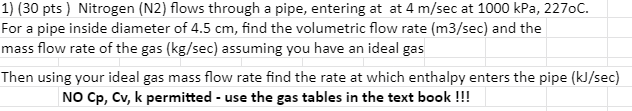 Solved 1) (30 pts) Nitrogen (N2) flows through a pipe, | Chegg.com