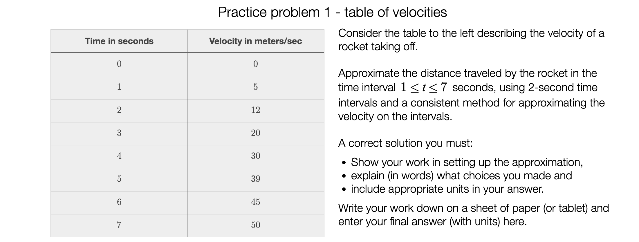 Practice problem 1 - table of velocities Consider the | Chegg.com