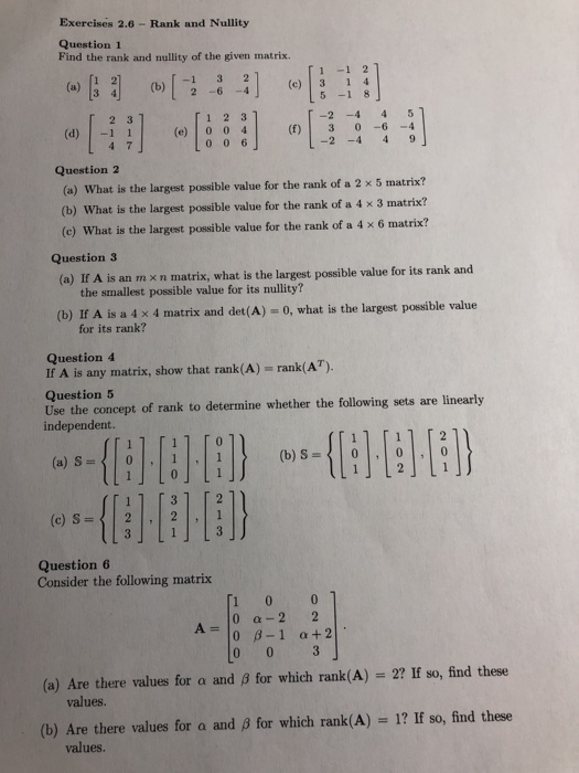 Solved Exercises 2.6- Rank and Nullity Question 1 Find the | Chegg.com