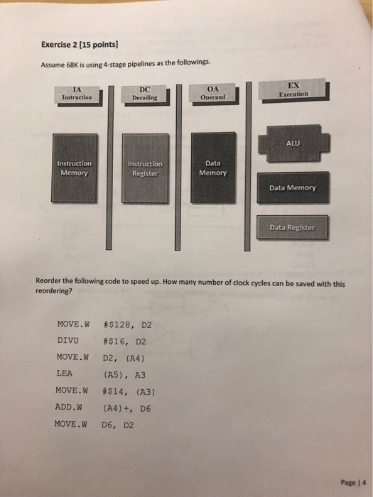 Exercise 2 (15 points) Assume 68K is using 4-stage | Chegg.com
