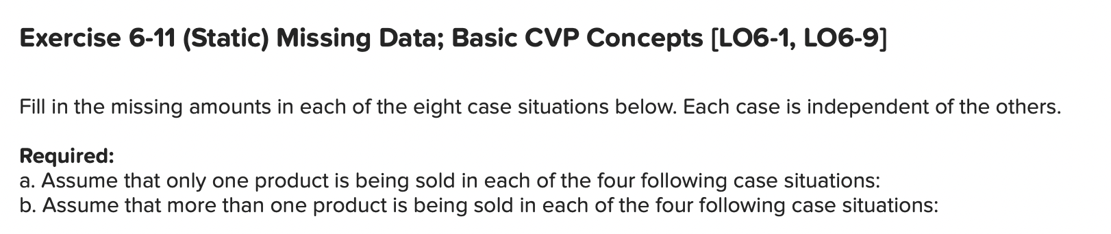 Exercise 6-11 (Static) Missing Data; Basic CVP | Chegg.com Exercise 6-11 (Static) Missing Data; Basic CVP | Chegg.com
