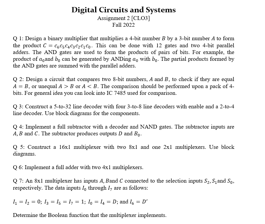 Solved Assignment 2 [CLO3] Fall 2022 Q 1: Design a binary | Chegg.com