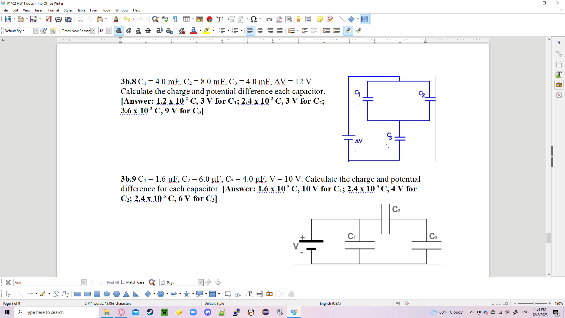 Solved 3 b.8 C1=4.0mF,C2=8.0mF,C3=4.0mF,ΔV=12 V Calculate | Chegg.com