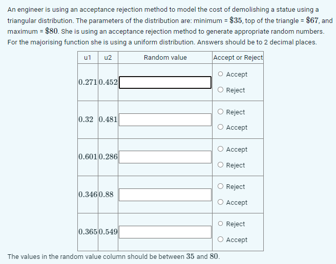 Solved An engineer is using an acceptance rejection method | Chegg.com