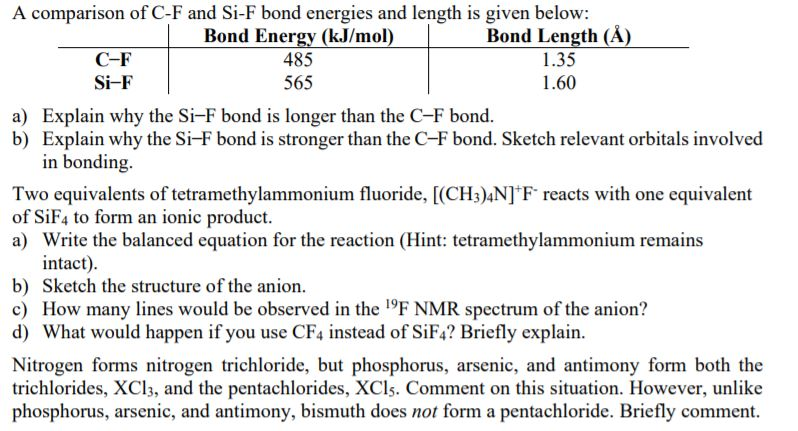 Solved A comparison of C-F and Si-F bond energies and length | Chegg.com