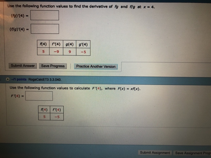 Solved Use the following function values to find the | Chegg.com
