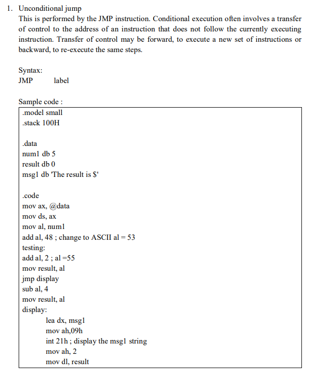 1. Unconditional jump This is performed by the JMP | Chegg.com