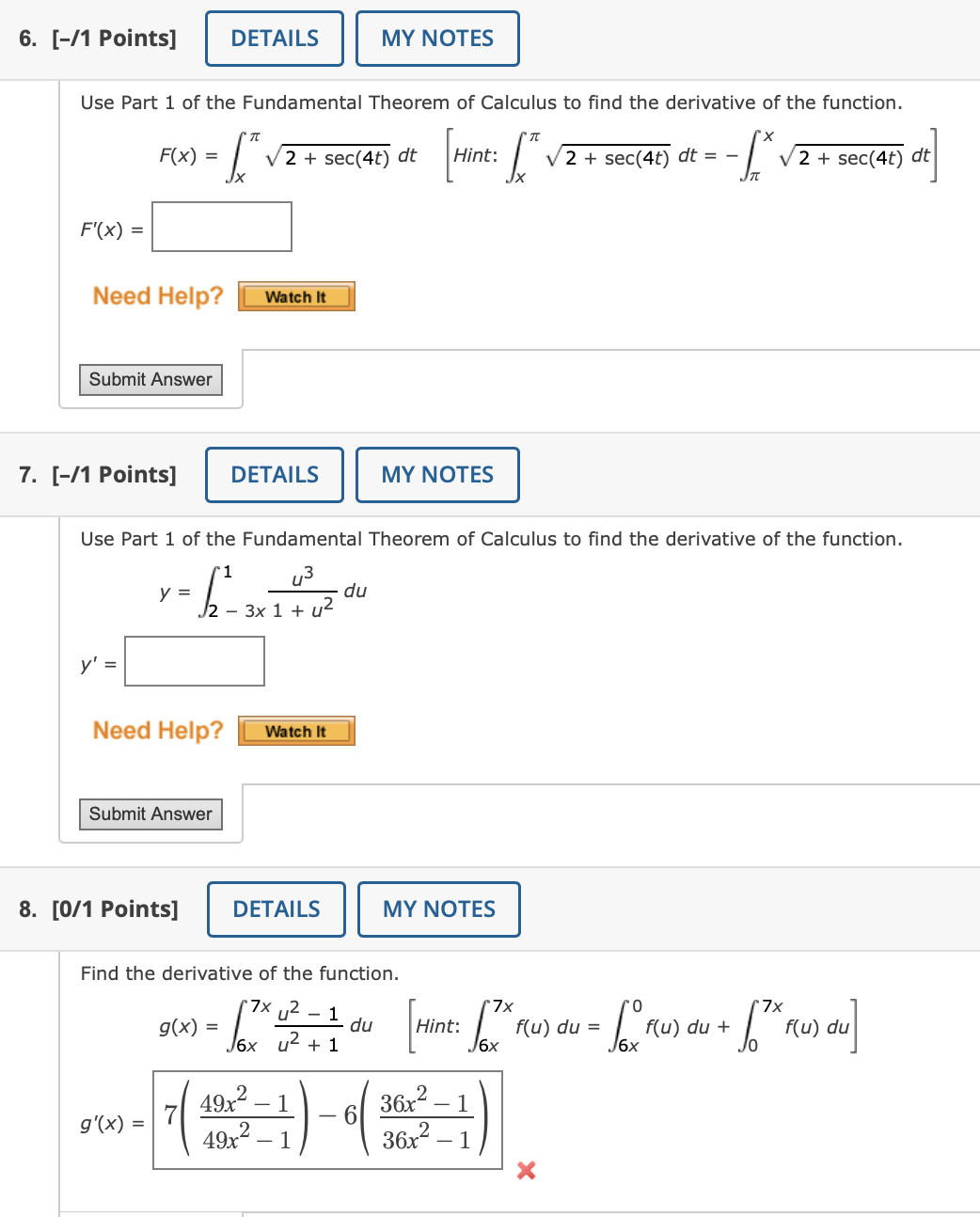 Solved [-/1 ﻿Points]Use Part 1 ﻿of the Fundamental Theorem | Chegg.com