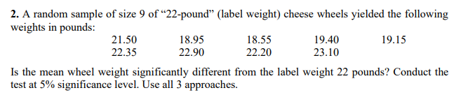 Solved 2. A random sample of size 9 of “22-pound” (label | Chegg.com
