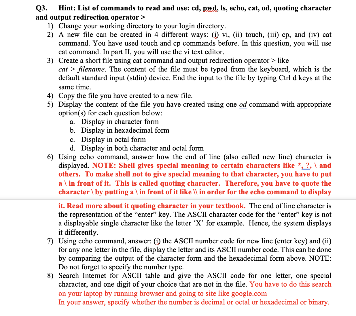 Q3. Hint: List of commands to read and use: cd, pwd, | Chegg.com