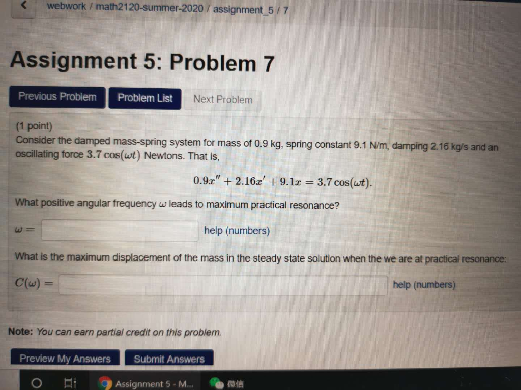 Solved webwork / math2120-summer-2020 / assignment_5/7 | Chegg.com