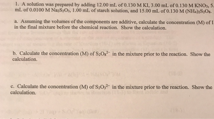 Solved 1. A solution was prepared by adding 12.00 mL of | Chegg.com