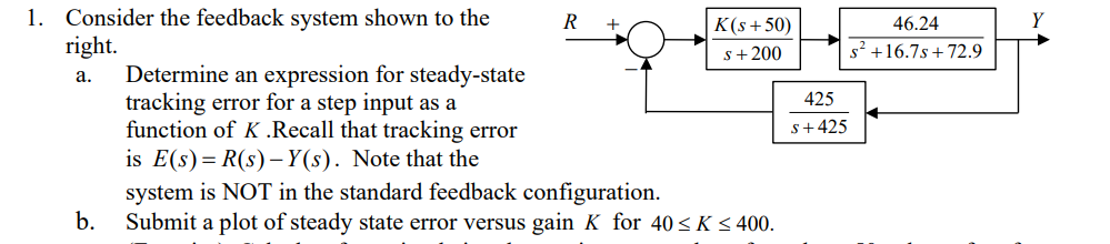 Solved 1. Y a. Consider the feedback system shown to the R | Chegg.com