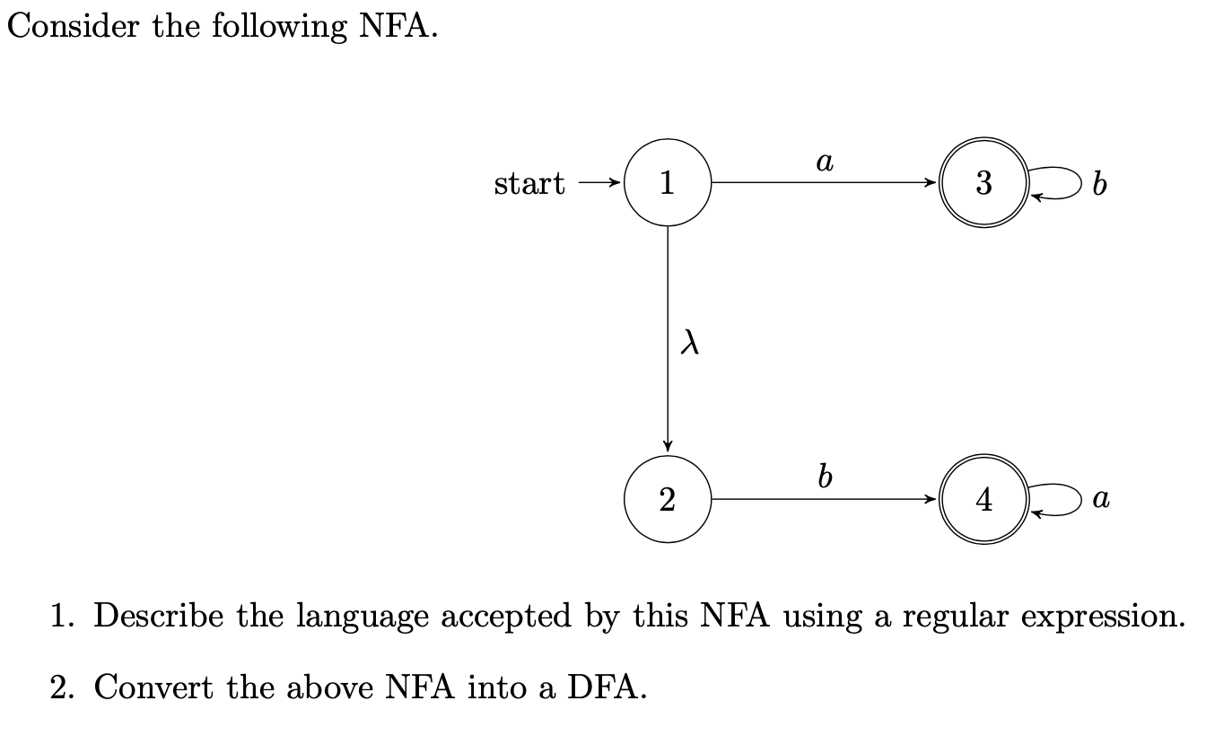 Solved Consider the following NFA. 1. Describe the language | Chegg.com Solved Consider the following NFA. 1. Describe the language | Chegg.com