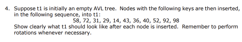 Solved 4. Suppose t1 is initially an empty AVL tree. Nodes | Chegg.com