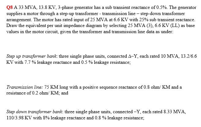 Solved Q8 A 33 MVA, 13.8KV,3-phase generator has a sub | Chegg.com