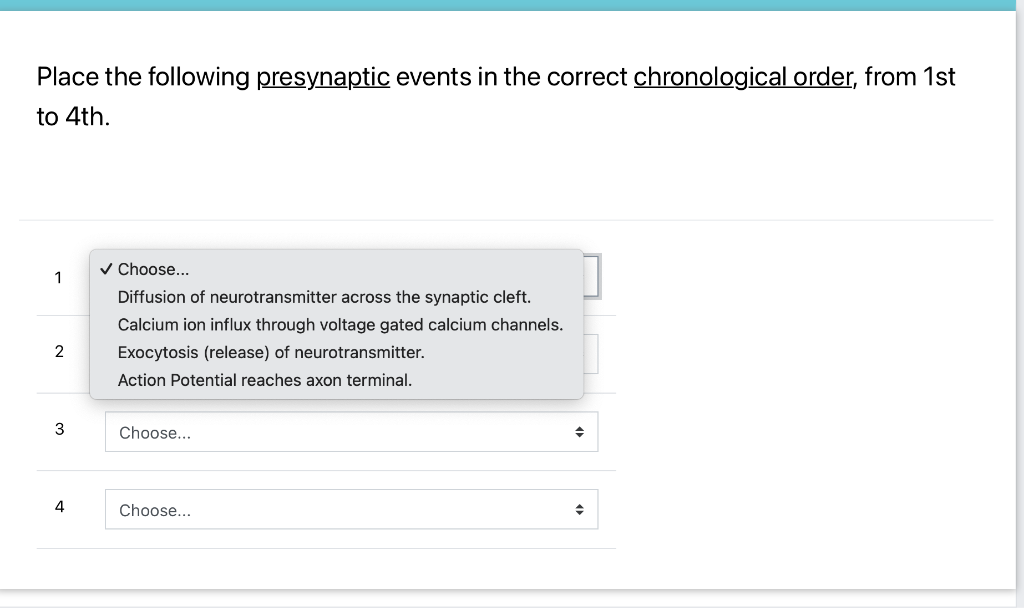 Solved Place the following presynaptic events in the correct | Chegg.com