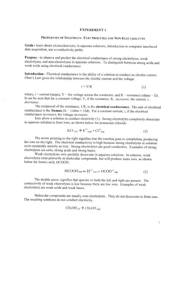 Solved EXPERIMENT 1 PROPERTIES OF SOLUTIONS: ELECTROLYTES | Chegg.com