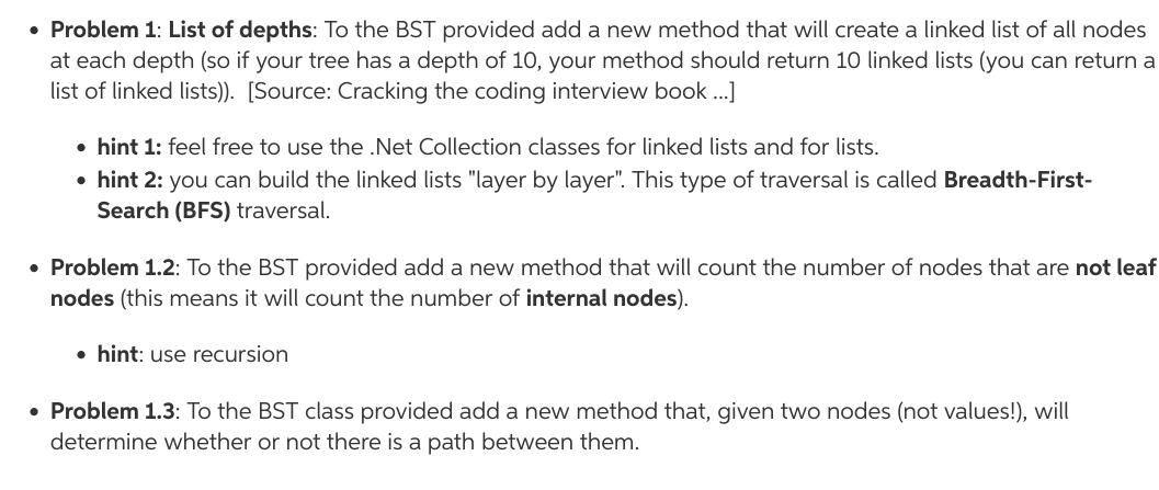Problem 1: List of depths: To the BST provided add | Chegg.com