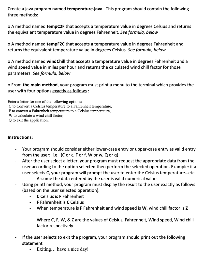Solved Create a java program named temperature.java. This | Chegg.com
