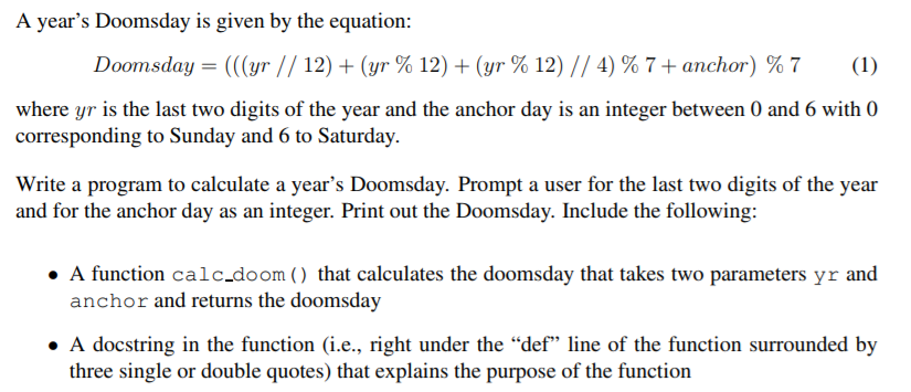 Solved A year's Doomsday is given by the equation | Chegg.com