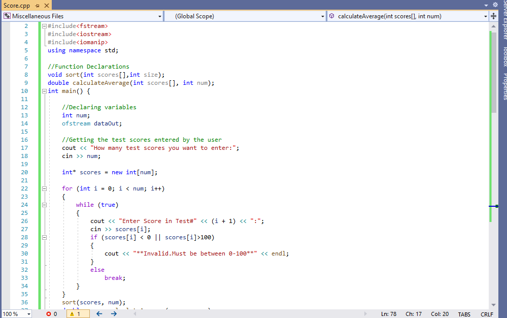 Solved calculateAverage(int scores[], int num) Score.cpp + x | Chegg.com