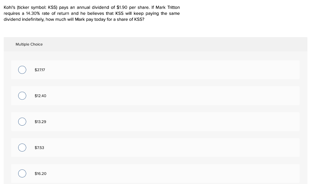 Solved Kohl's (ticker symbol: KSS) pays an annual dividend | Chegg.com
