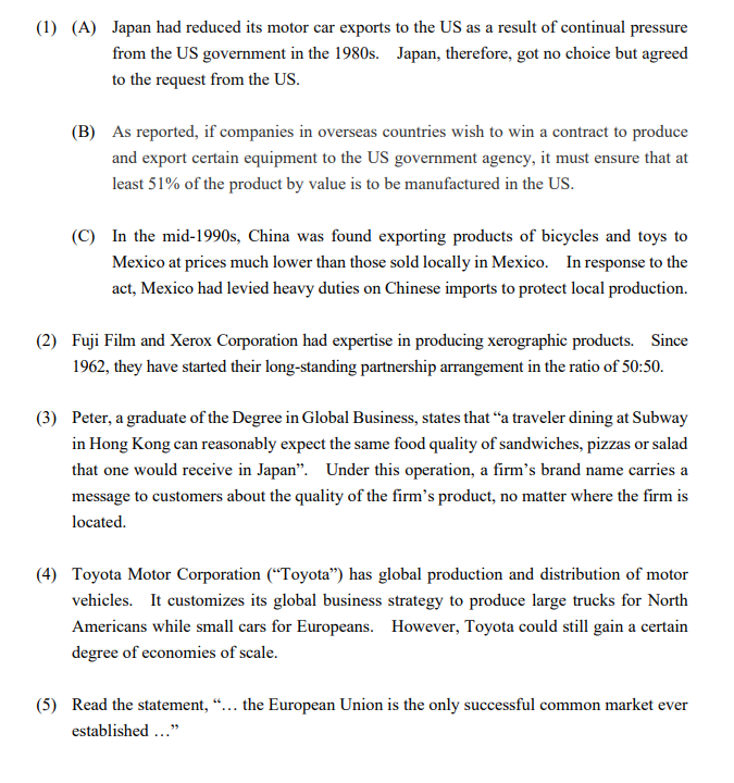 Solved (1) (A) Japan had reduced its motor car exports to | Chegg.com