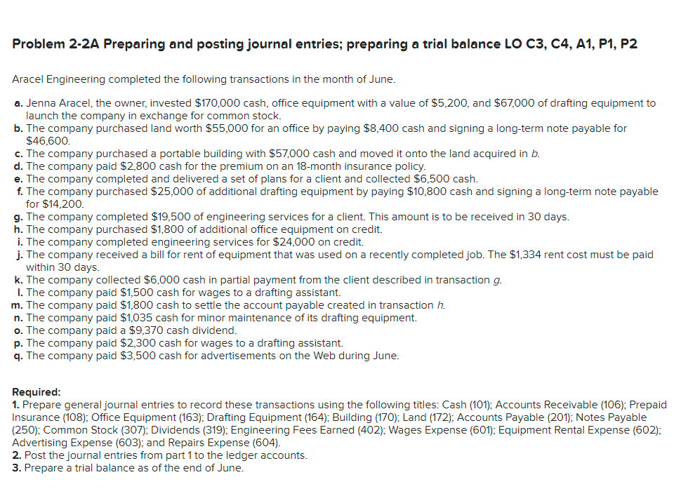 Solved Problem 2-2A Preparing and posting journal entries; | Chegg.com