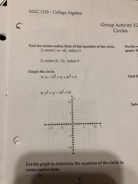 Solved MAC 1105- College Algebra Group Activity 2.2 Circles | Chegg.com