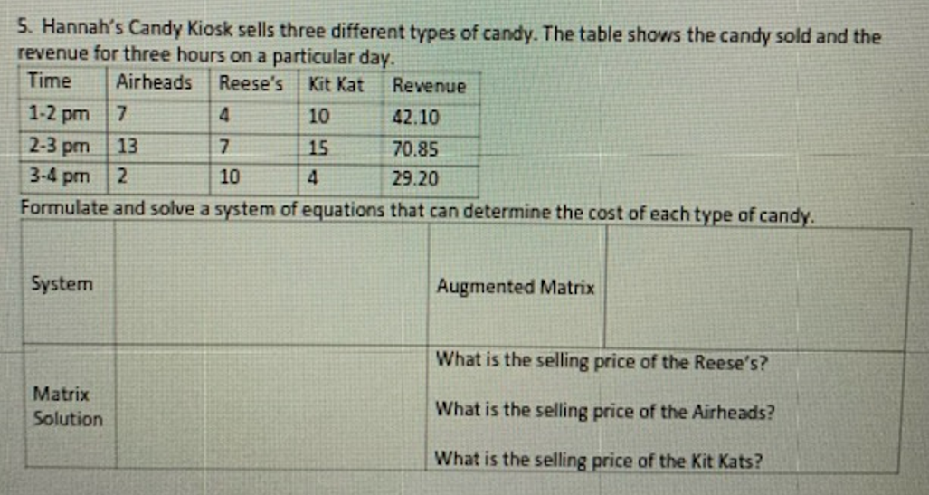 Solved 5. Hannah's Candy Kiosk sells three different types | Chegg.com