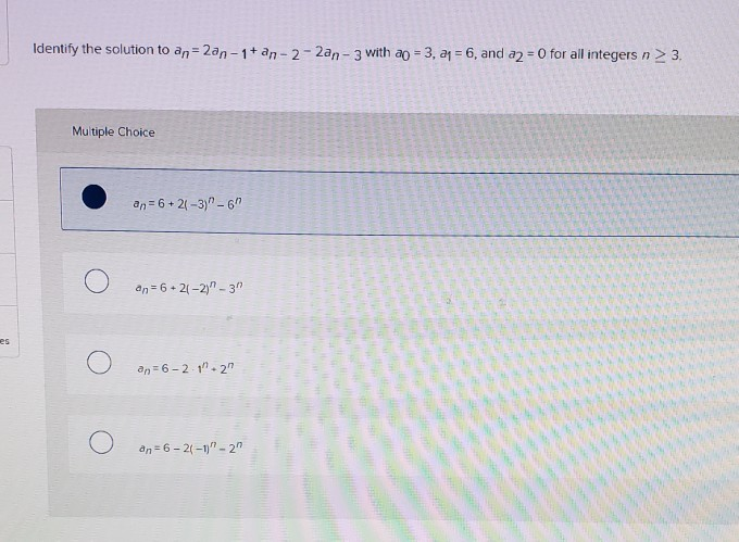 Solved Identify the solution to an=2an-1+ an-2-2an-3 with ao | Chegg.com