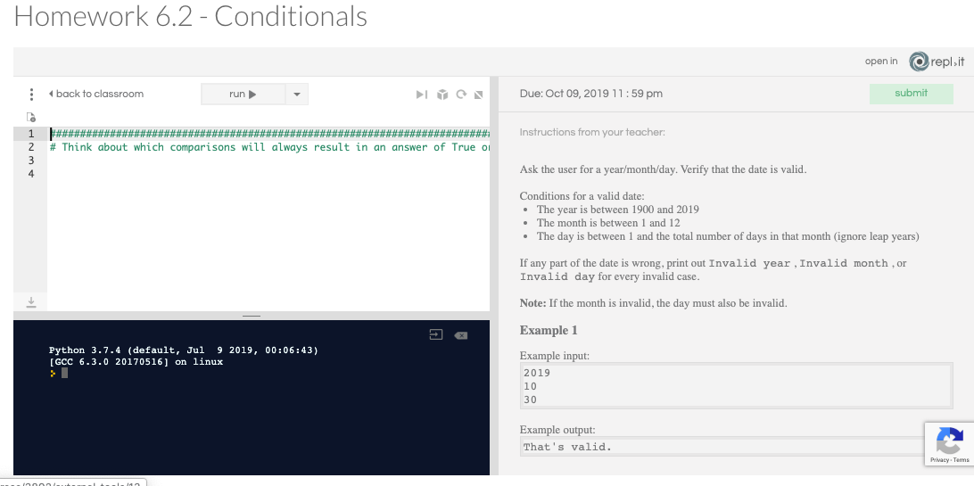 Solved Homework 6.2 - Conditionals open in repl»it back to | Chegg.com