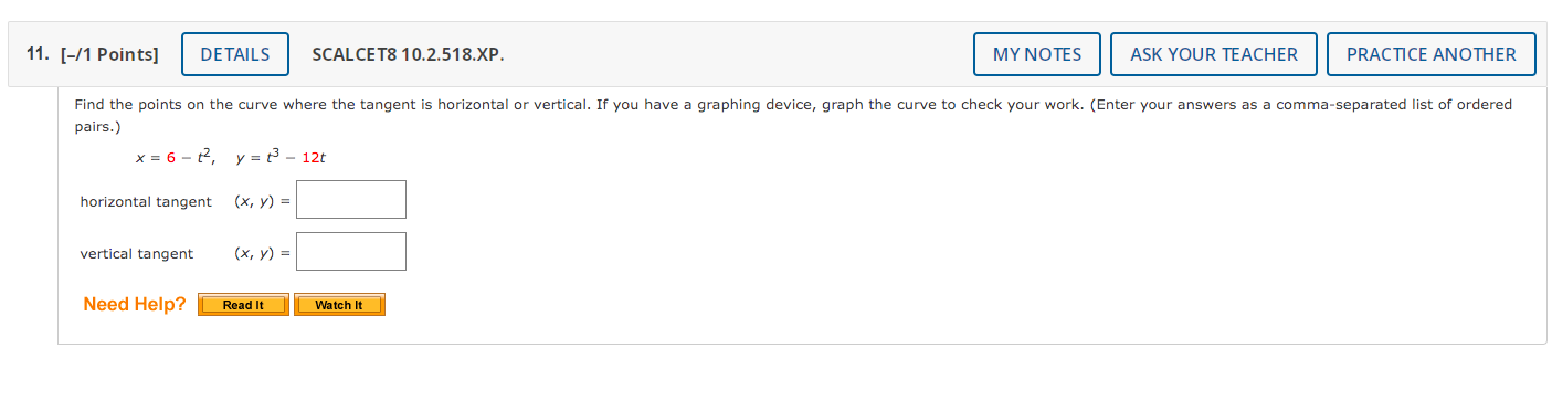 Solved 11. [-/1 Points] SCALCET8 10.2.518.XP. pairs.) | Chegg.com