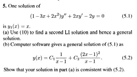 Solved 5. One solution of (1 – 3x + 2x?)y" + 2xy' – 2y = 0 | Chegg.com
